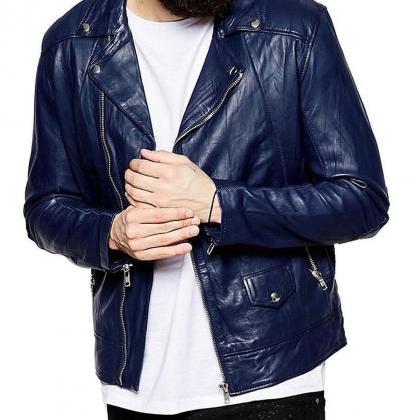 Men Leather Jacket Handmade Blue Motorcycle Solid Lambskin Leather - 86 ...